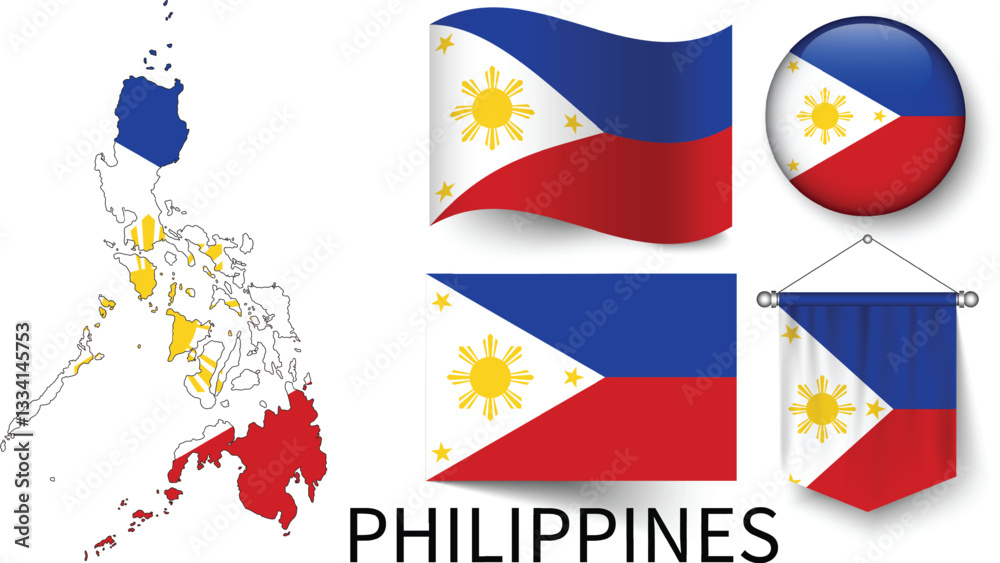 The different designs of Philippines's national flags and the map ...