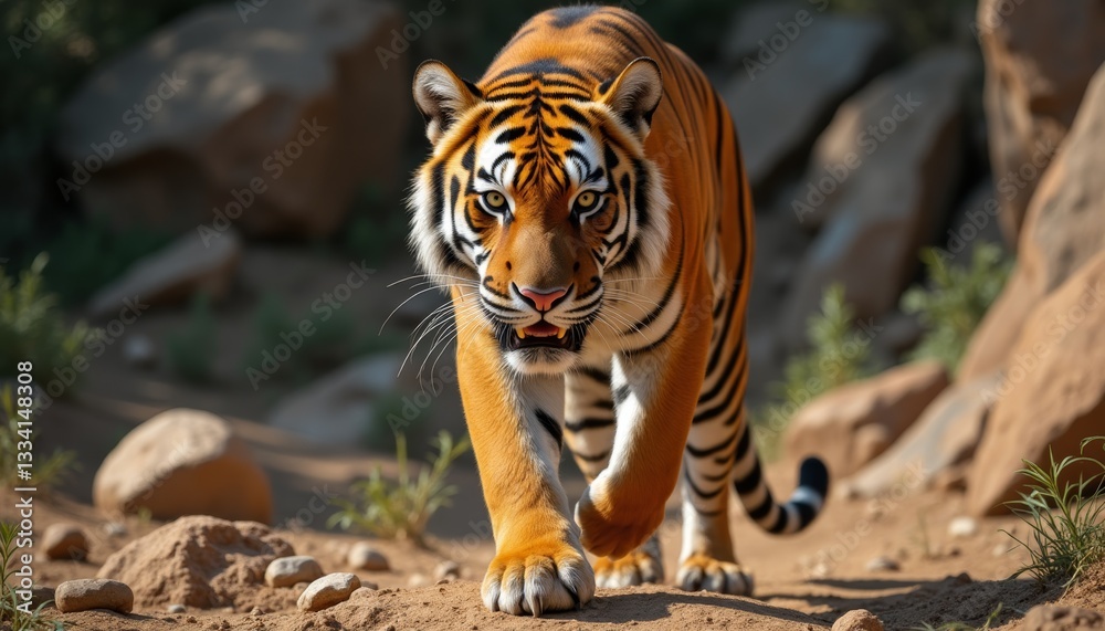 Sumatran Tiger (Panthera tigris sumatrae) walks across rocky forest ...