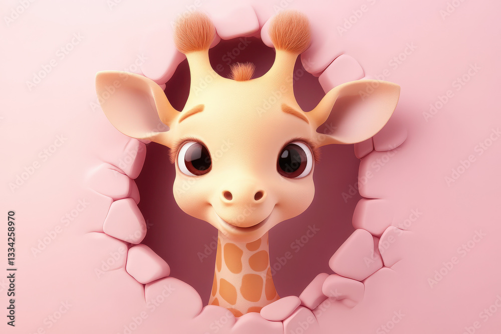 Jirafa bebé de dibujos animados en 3d, saliendo de un agujero de una ...
