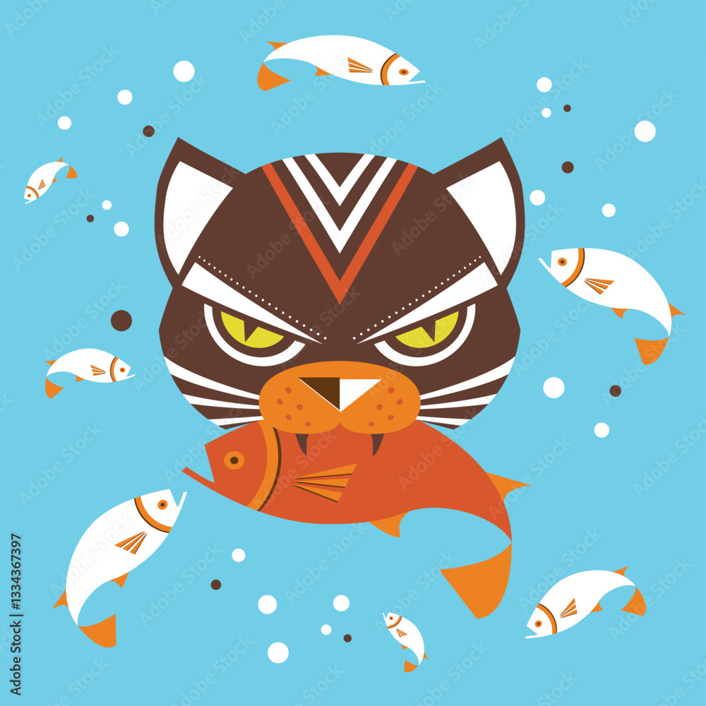 Cute cat biting fish. Cartoon illustration of cute cat stealing fish ...