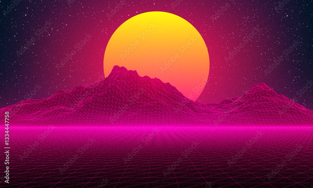 Retro background futuristic landscape 1980s style. Digital retro ...
