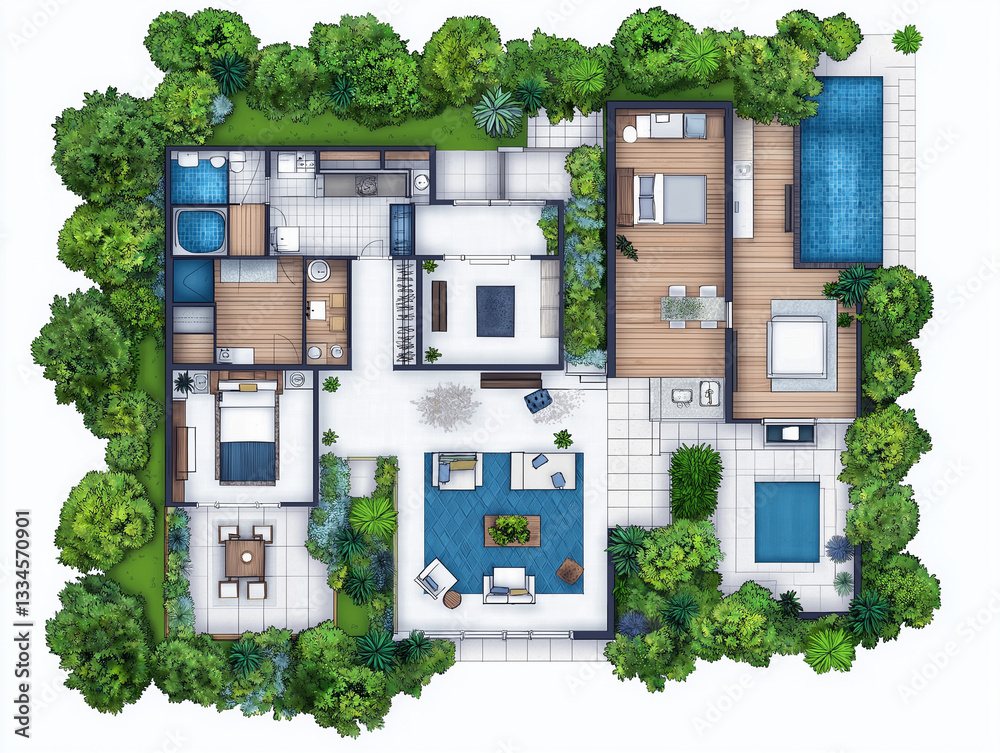 Modern Villa Blueprint: Overhead view of a luxurious modern villa with ...