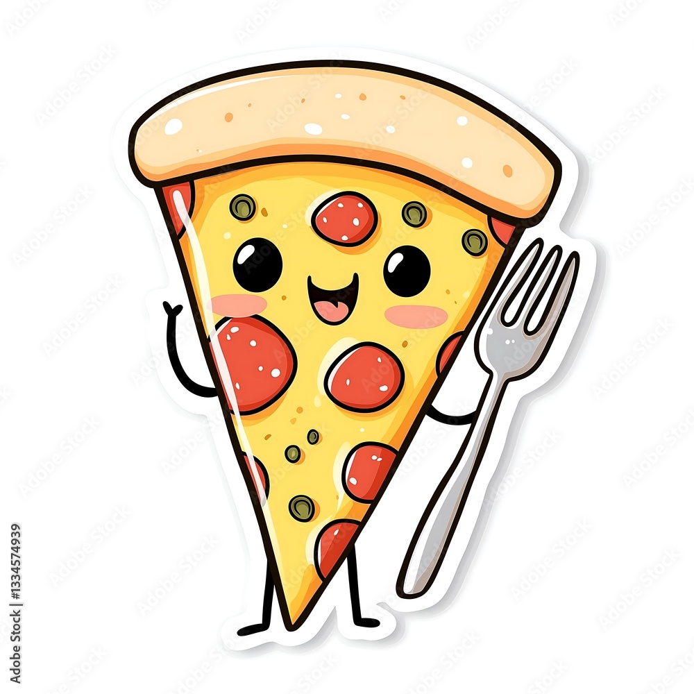 Cute smiley pizza slice holding a fork cartoon sticker character ...
