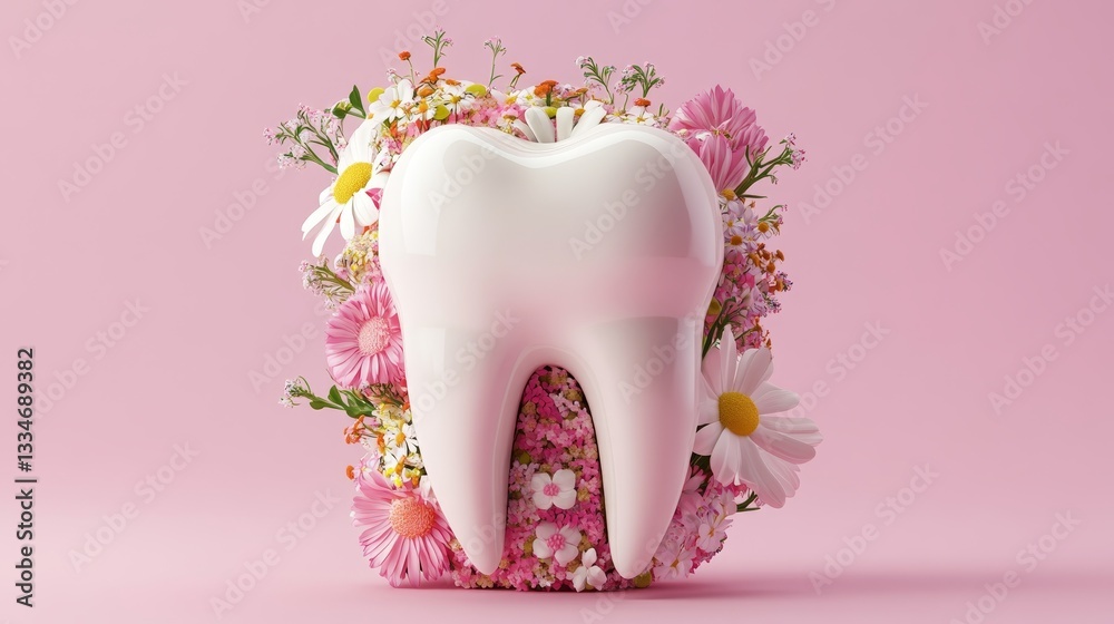 3D tooth illustration with flowers art. Medical reference, science ...
