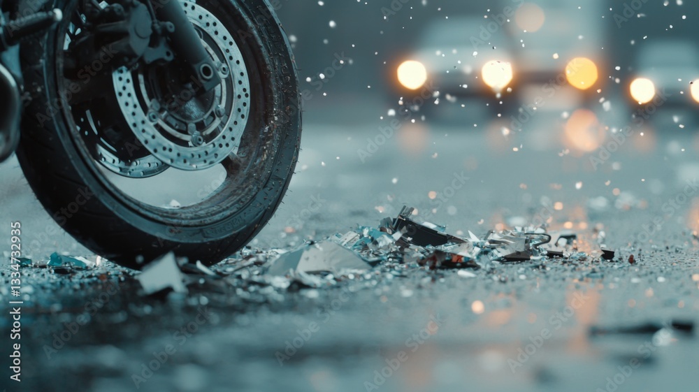 Devastating Traffic Collision Scene, a damaged motorcycle lies amidst ...