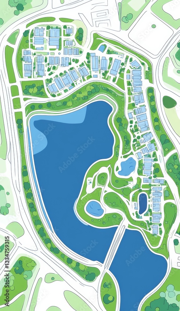 Residential Development Master Plan with Lake and Clean Lines on White ...