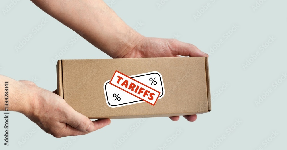 Box in hands, Tariff label on box, Parcel with tag, Cardboard package ...