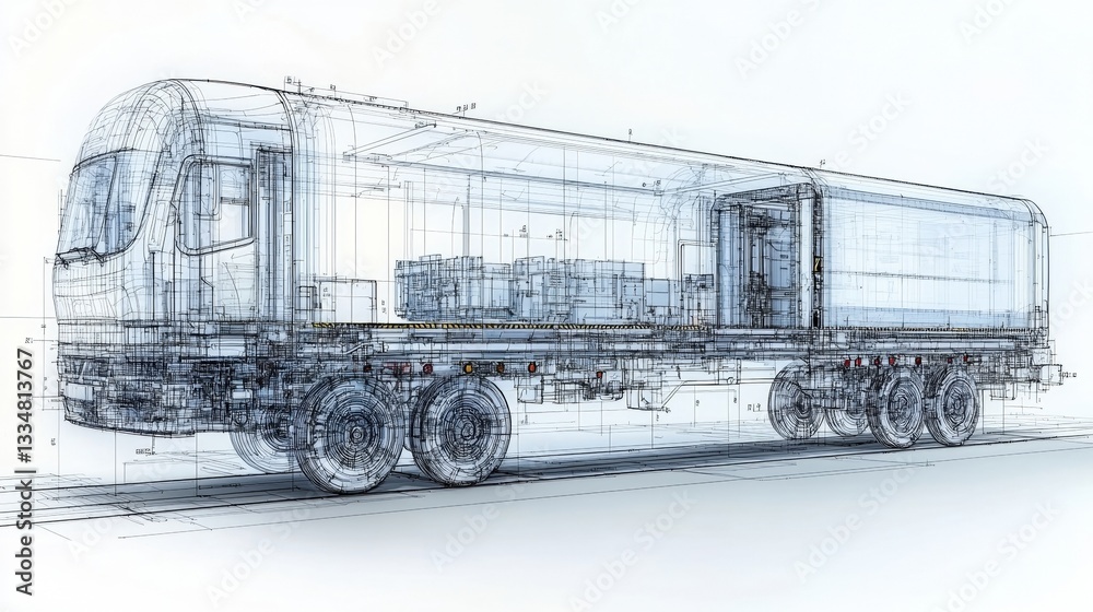Detailed Technical Blueprint of a Modern Freight Truck with Cargo Area ...