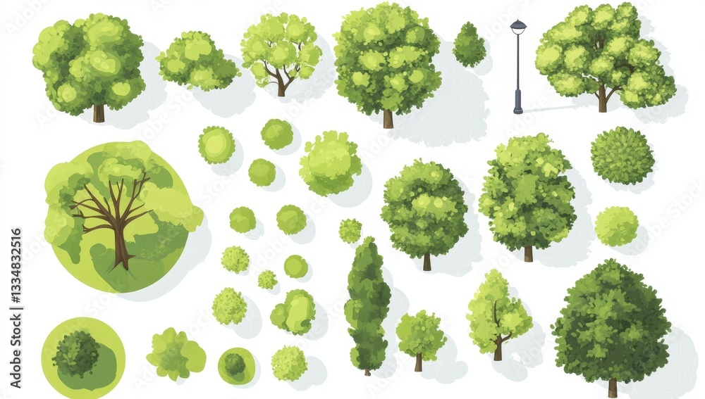 Collection of various trees and shrubs, top-down isometric view, ideal ...
