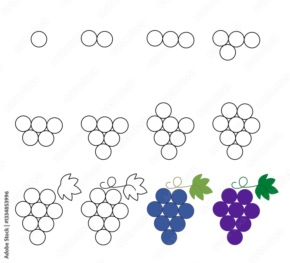 How to draw step by step? Worksheet easy guide to drawing cartoon grape ...