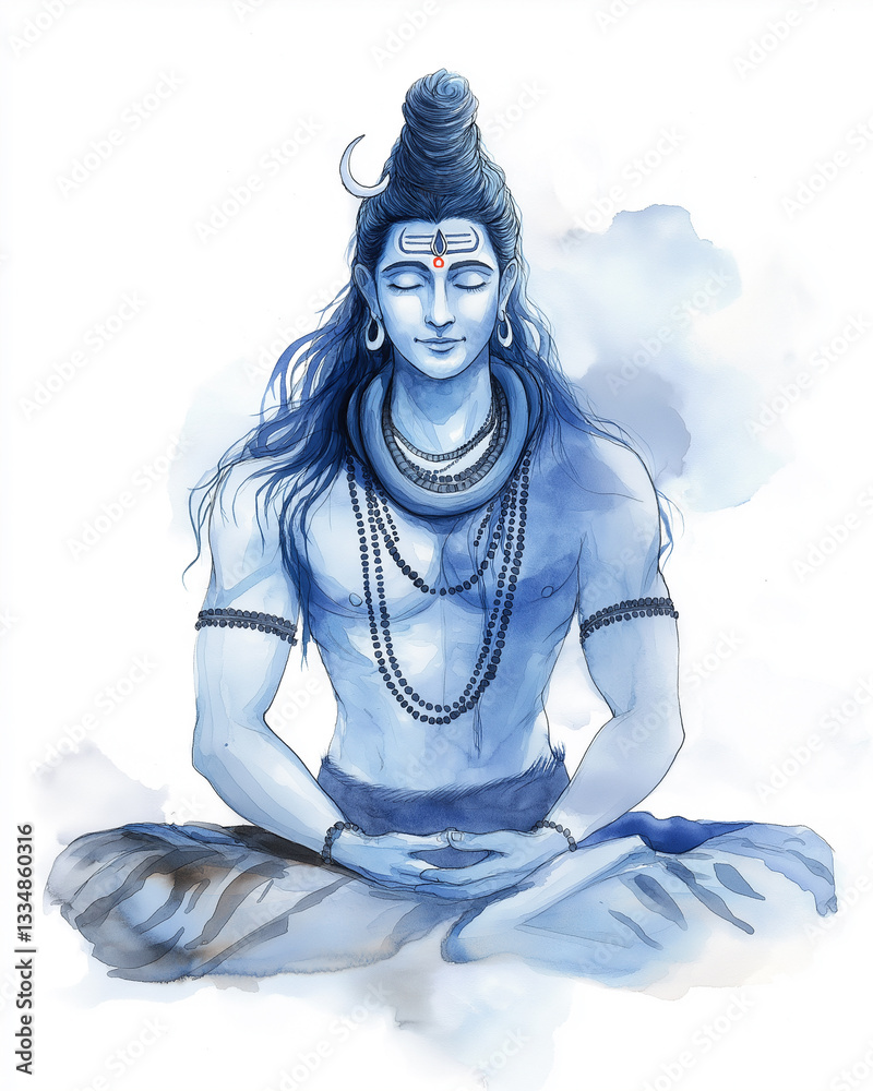 watercolor illustration of Lord Shiva sitting in a meditative posture ...