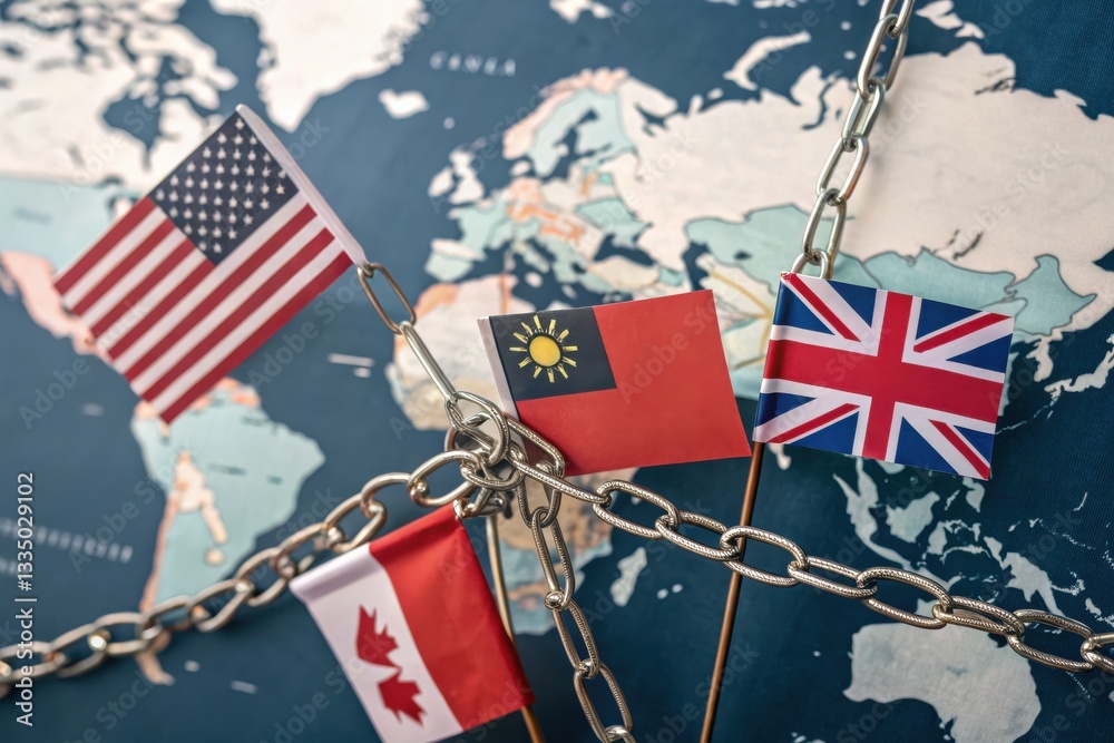 Flags of various countries are displayed on a world map, interconnected ...