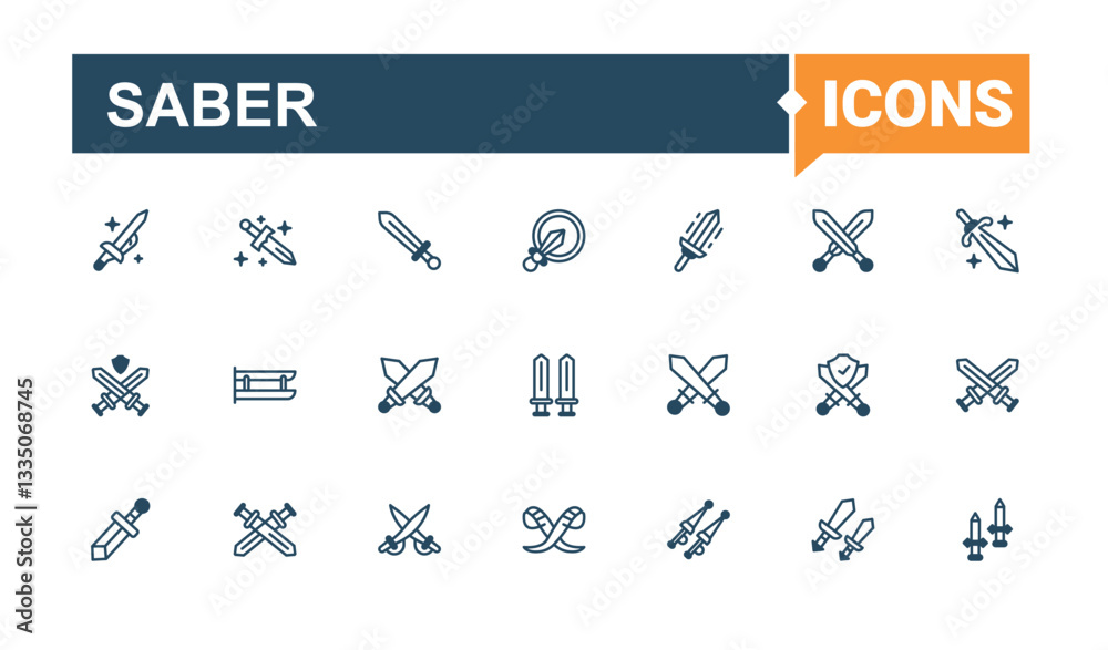 Sabre modern icon set. Includes thin line dagger, knife, blade, war ...