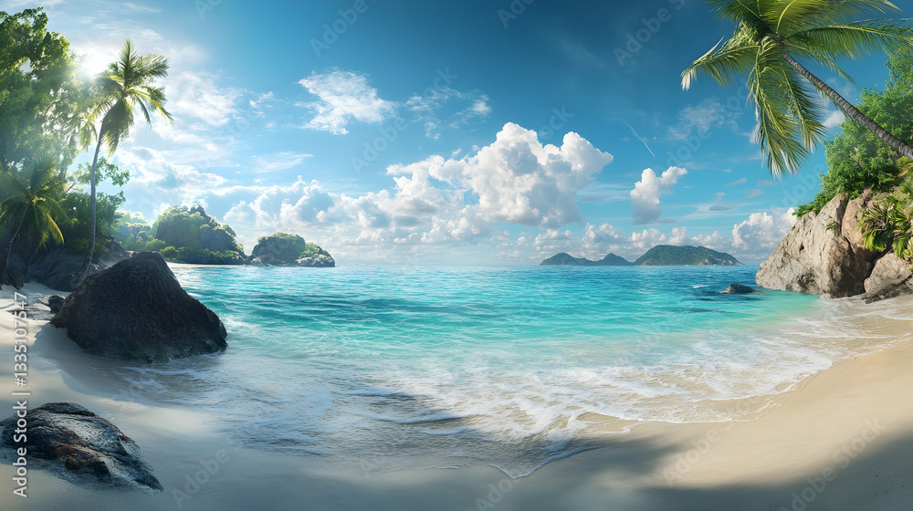 Tropical shoreline with turquoise waters in seamless spherical HDRI ...