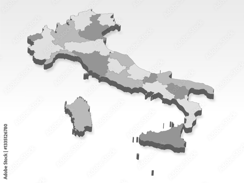 3D Italy map with all regions in gray. Three dimensional map Regions of ...