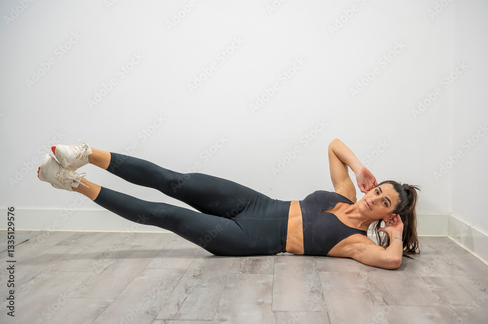 Oblique side crunch exercise engaging core muscles, improving waist definition, and ...