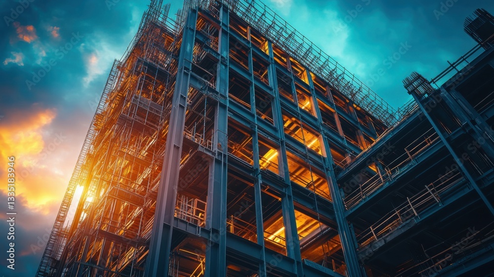 Steel frame of a tall building under construction. Evening light sky ...