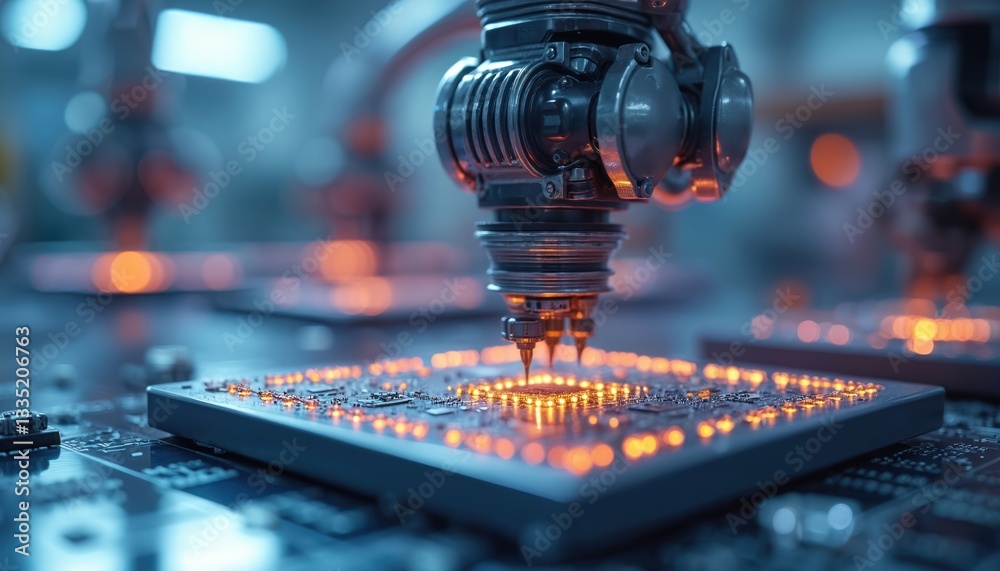 Robots remove chips from silicon wafer, place on base in factory. Computer chip construction ...