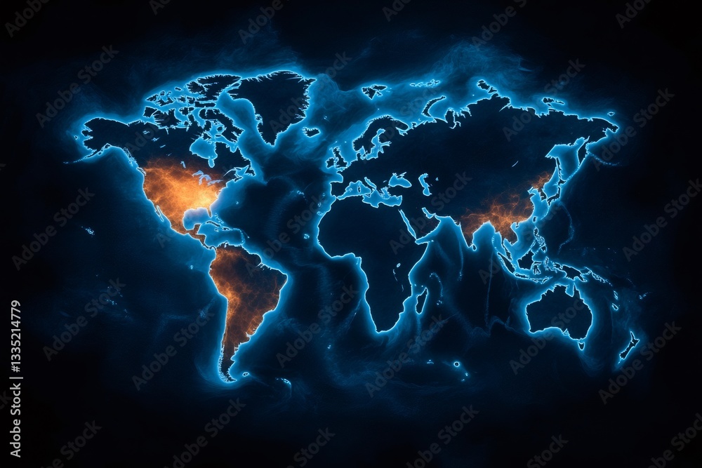 World map showing population density with bright lines connecting ...