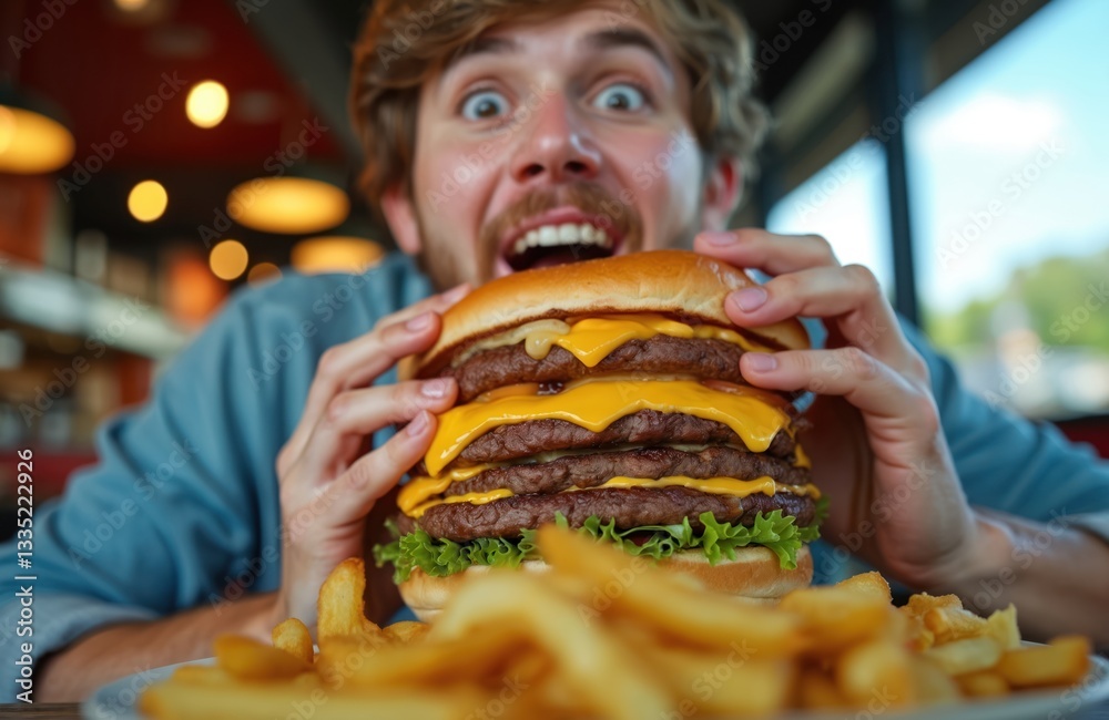 Overjoyed man eating giant triple cheeseburger with fries. Guy with ...