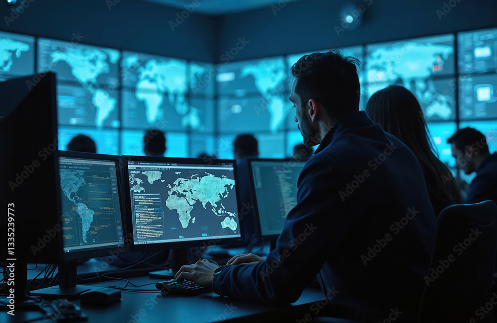 Cybersecurity team works at operations center. People monitor network ...