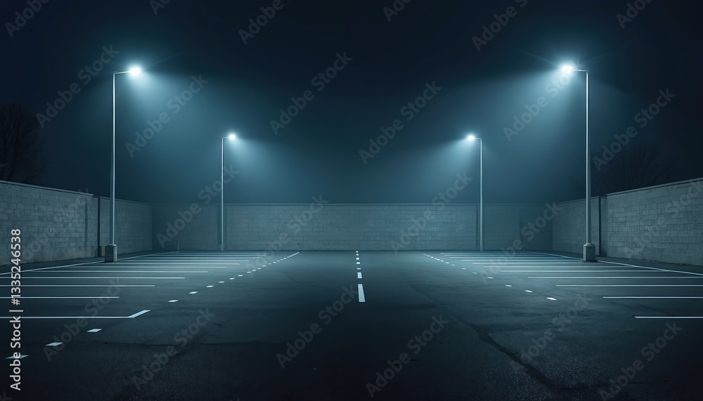 Night view of empty parking lot with street lights illuminating asphalt ...