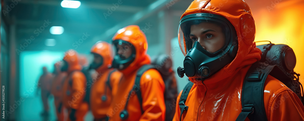 Emergency response team in orange hazmat suits inside facility, side ...