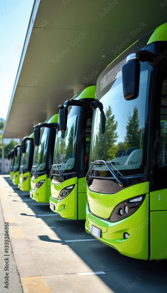 Electric buses park at modern urban station. Eco friendly public city ...