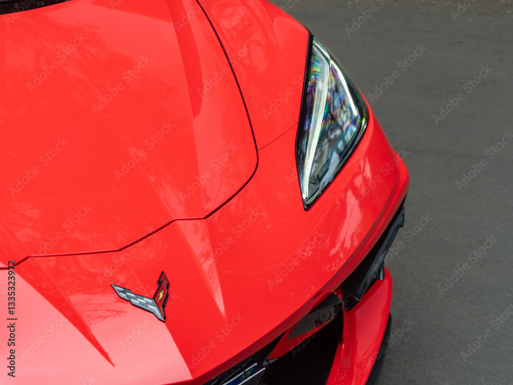 Red GM Corvette C8 front end top down view, Luxury sports car external ...