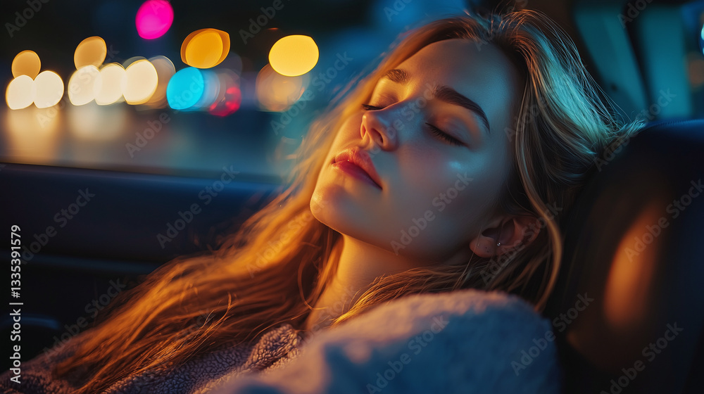 At night, a woman dozes off in the driver's seat of her car Stock Photo ...