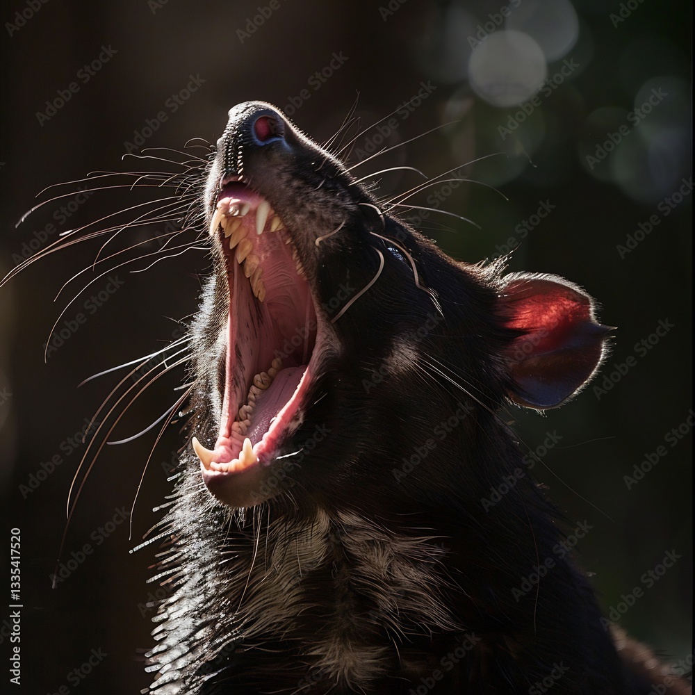 Tasmanian Devil mid yawn powerful jaw stretched wide reveal razor sharp ...