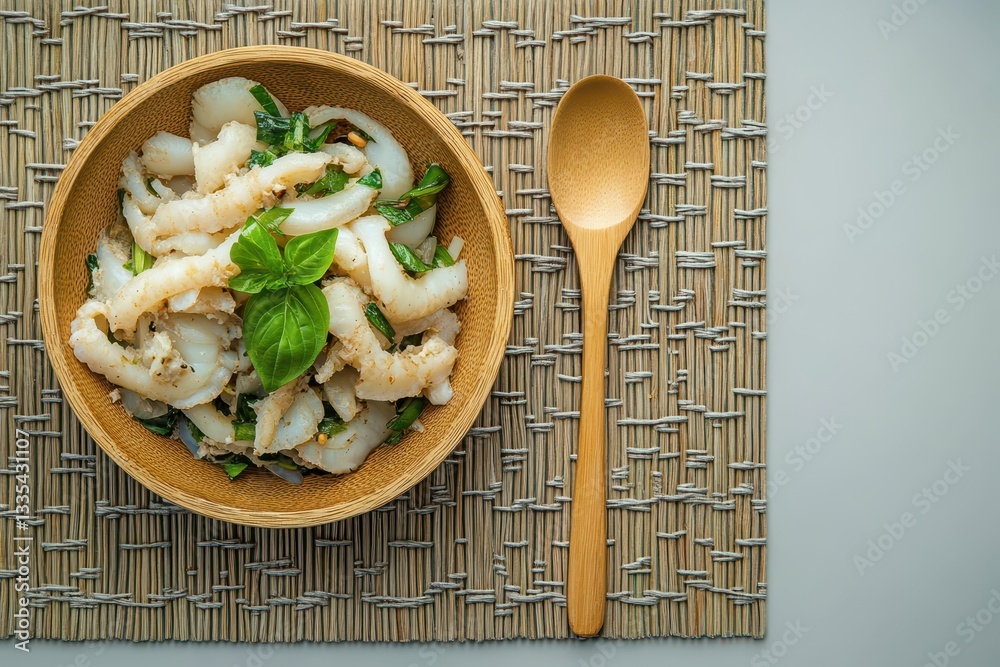 Top view of Thai dishes basil stir fried cuttlefish and cuttlefish ...