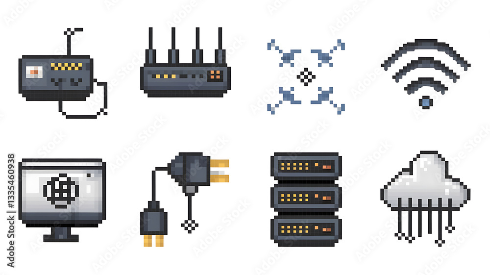 Pixel art network devices router modem server rack cloud storage Modern ...