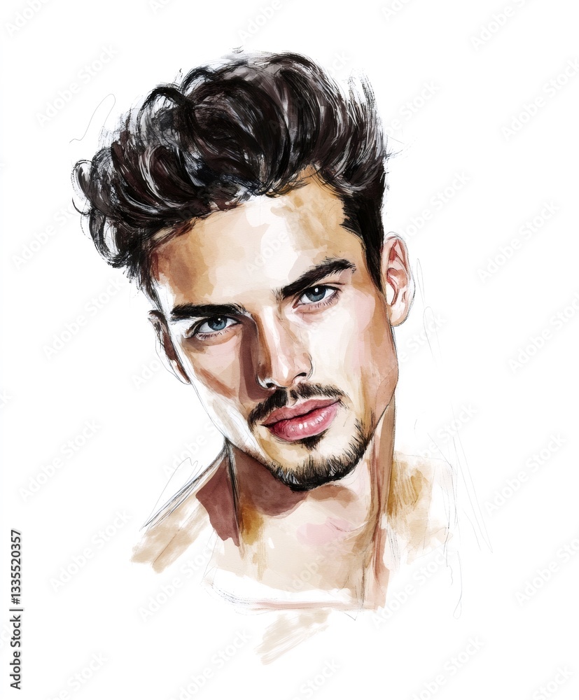 Watercolor painting of a handsome man with blue eyes and goatee Stock ...