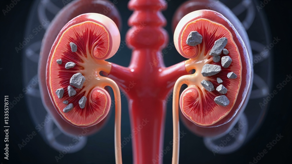 Medical illustration of kidney stones and ureters emphasizing blockage ...