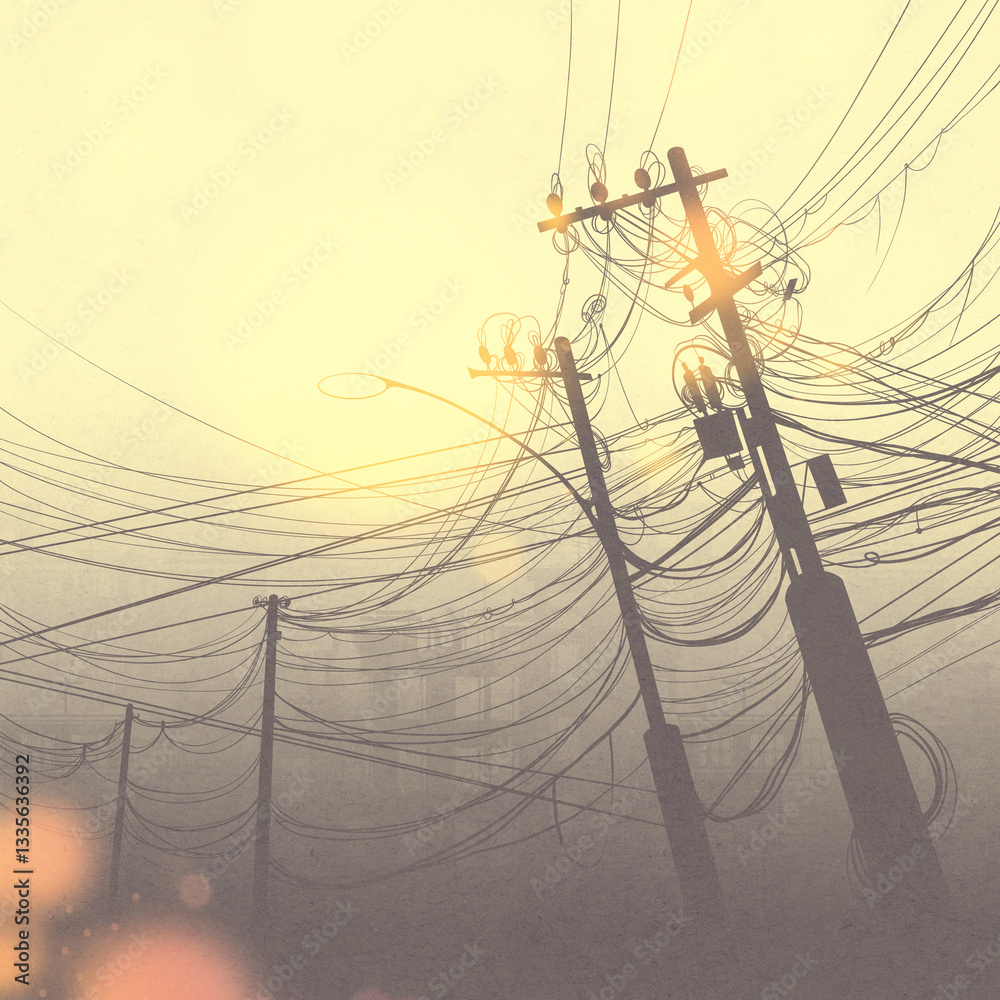 Graphic illustration of tangled power lines stretching across an urban ...