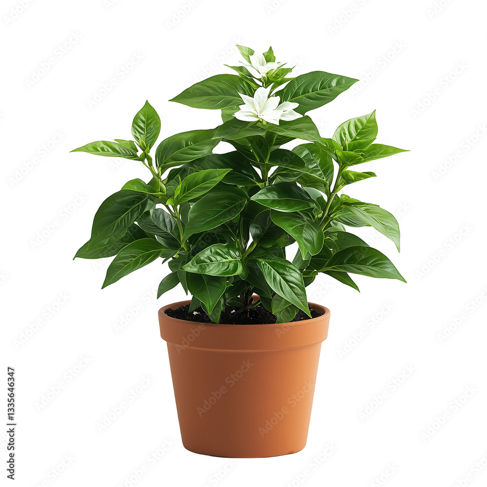 Beautiful white flower plant in a terracotta pot view isolated on ...