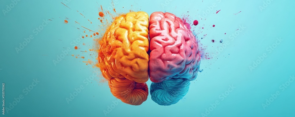 Vibrant depiction of a human brain divided into colorful halves ...