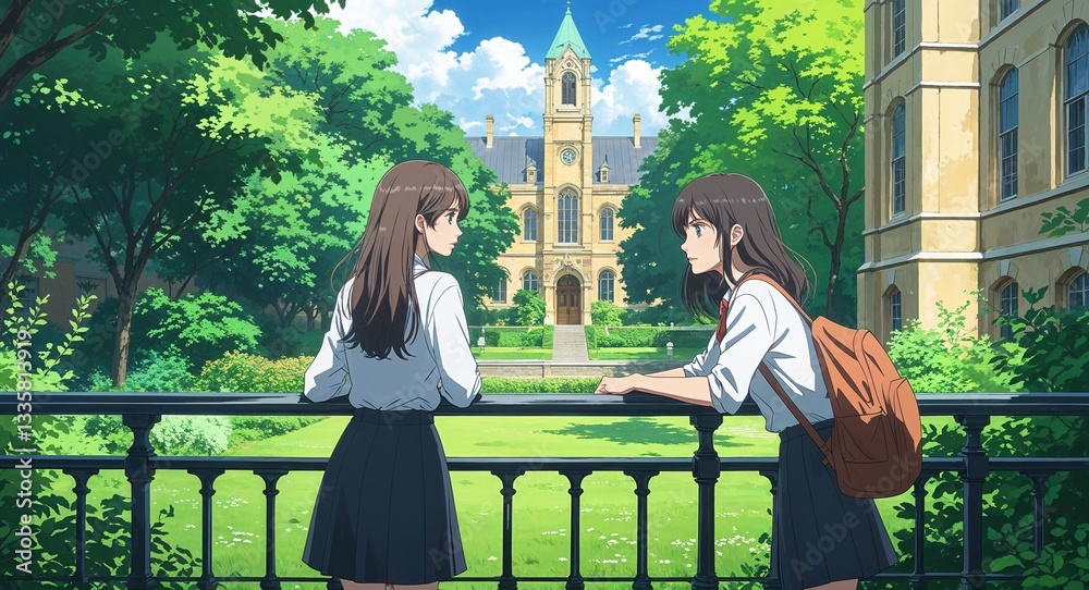 Female student leaning on a railing overlooking the university garden ...