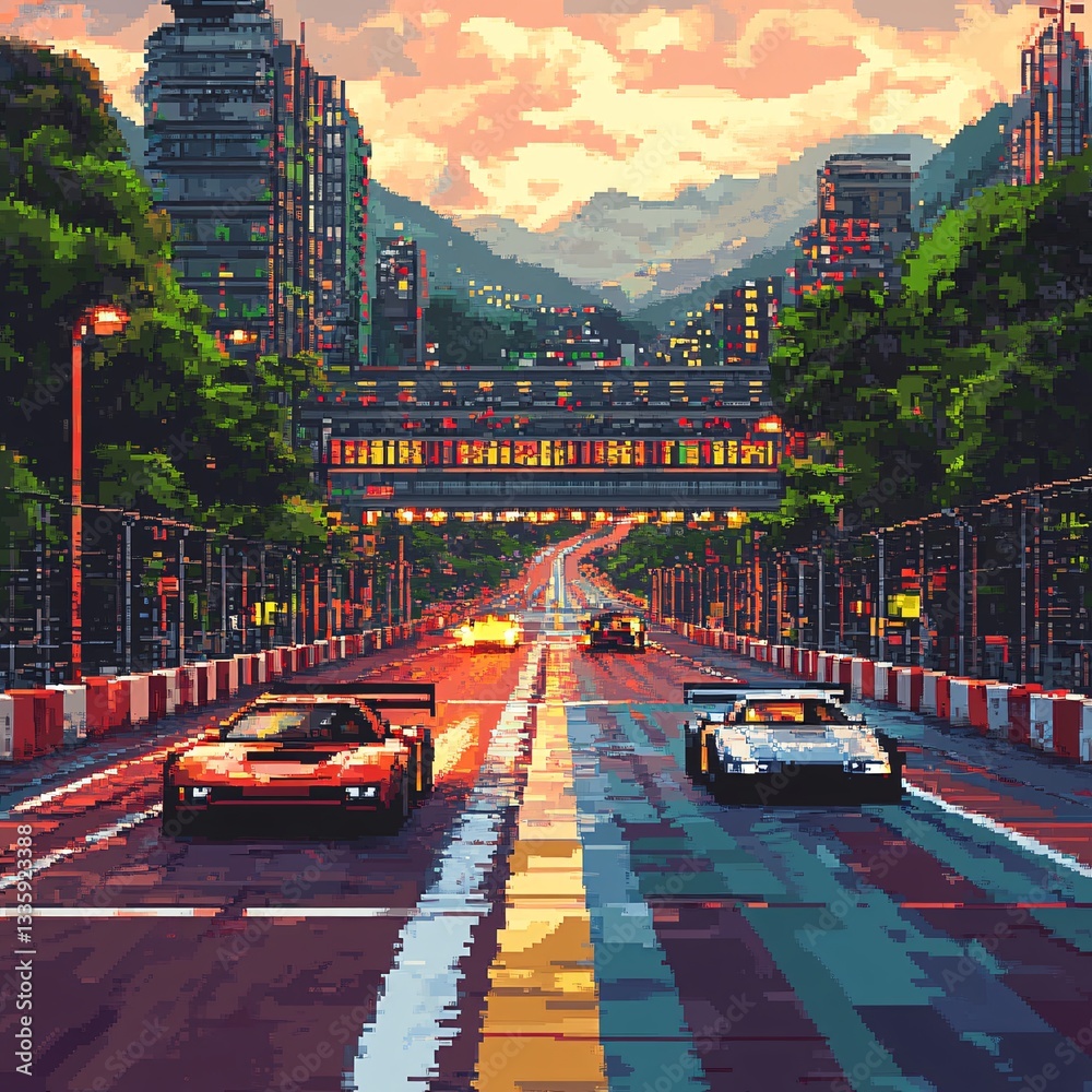 Pixel art sticker logo of a pixel racetrack with pixel racing cars ...