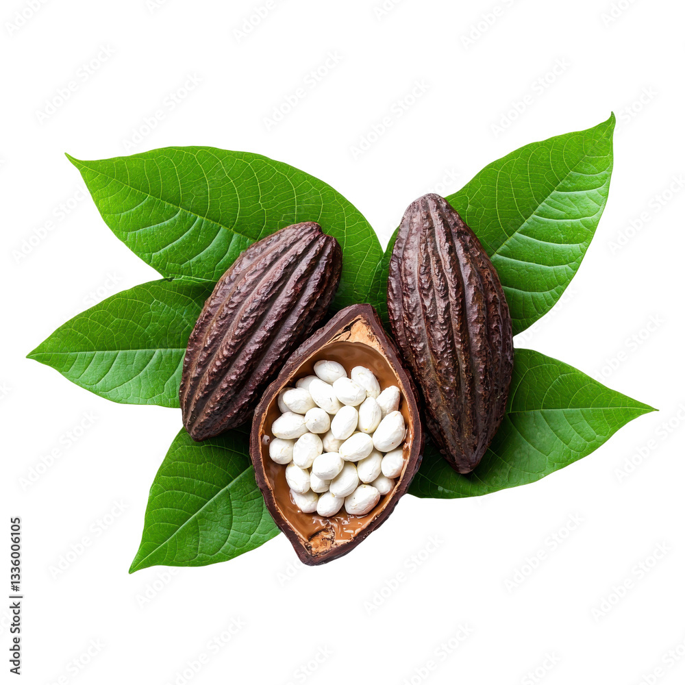 Cocoa Pods with Fresh White Cocoa Beans and Green Leaves Isolated on ...
