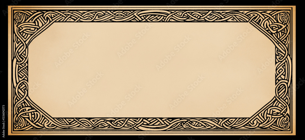 Black intricate viking inspired border design framing old parchment ...