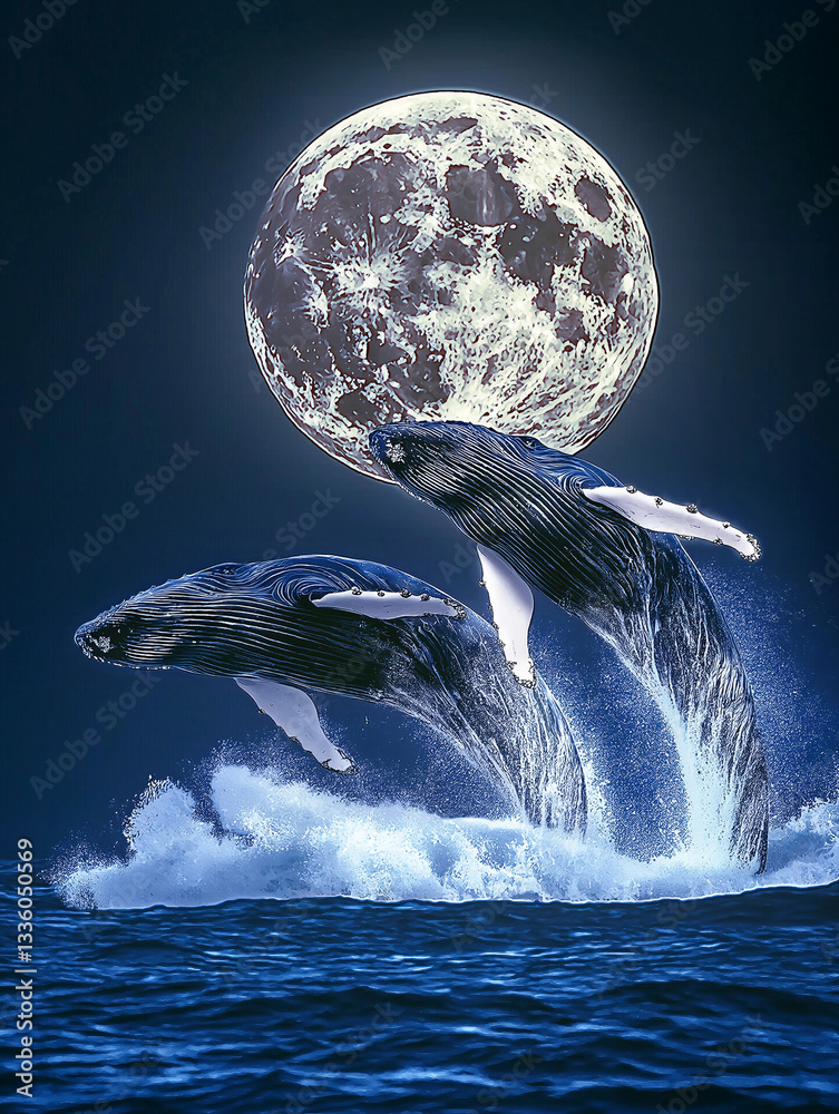 portrays two majestic humpback whales breaching out of the ocean under ...