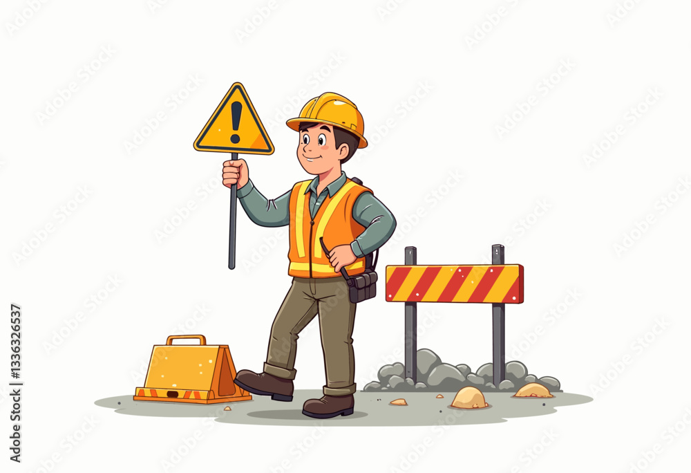Detailed Vector Image: Construction Worker Holding Warning Sign ...