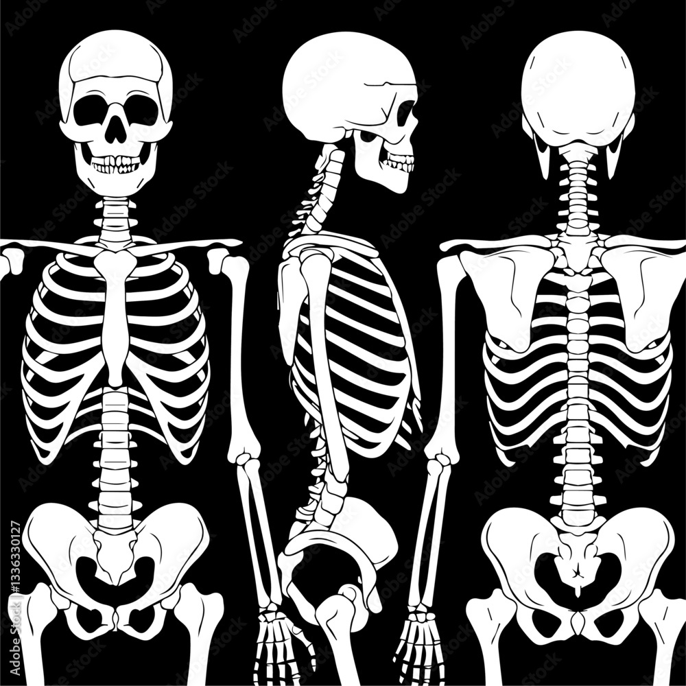 Black and white illustration of three human skeletons in anatomical ...