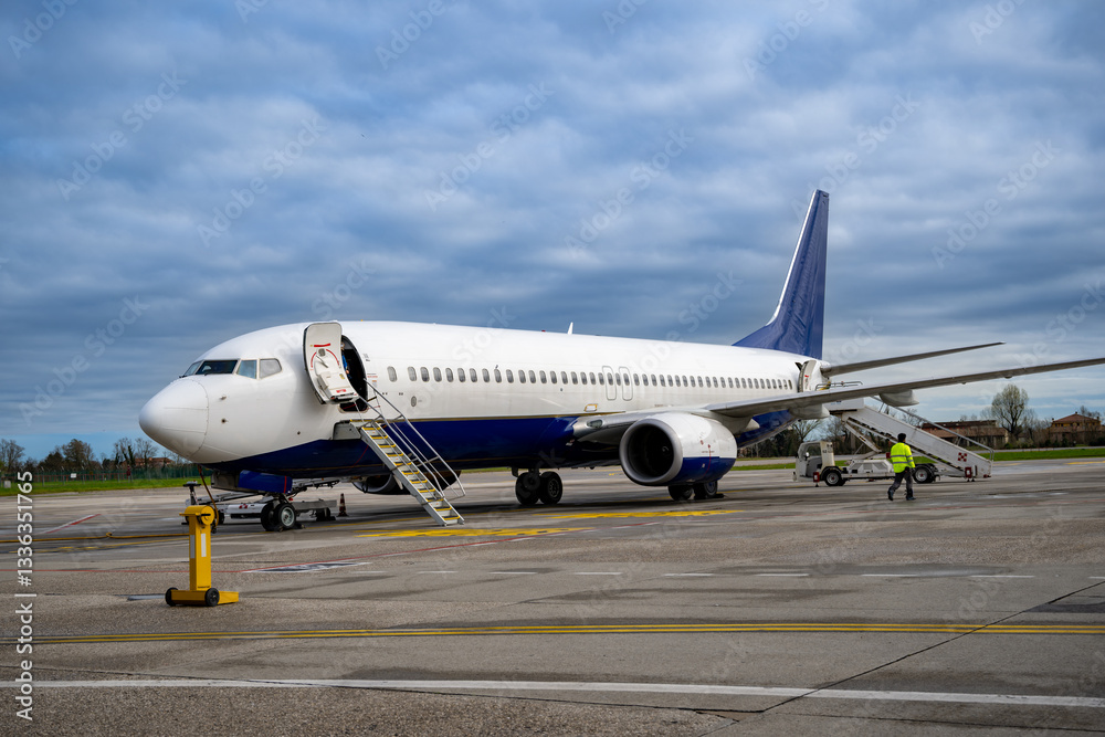 White and blue commercial passenger aircraft parked on tarmac with ...