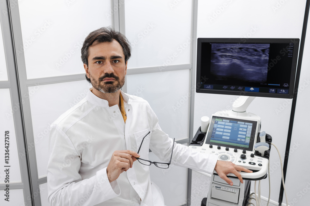 Sonographer occupation. Portrait of male sonographer near ultrasound ...