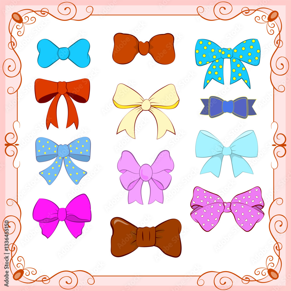 Cartoon bows of different styles and colors in twisted frames Stock ...