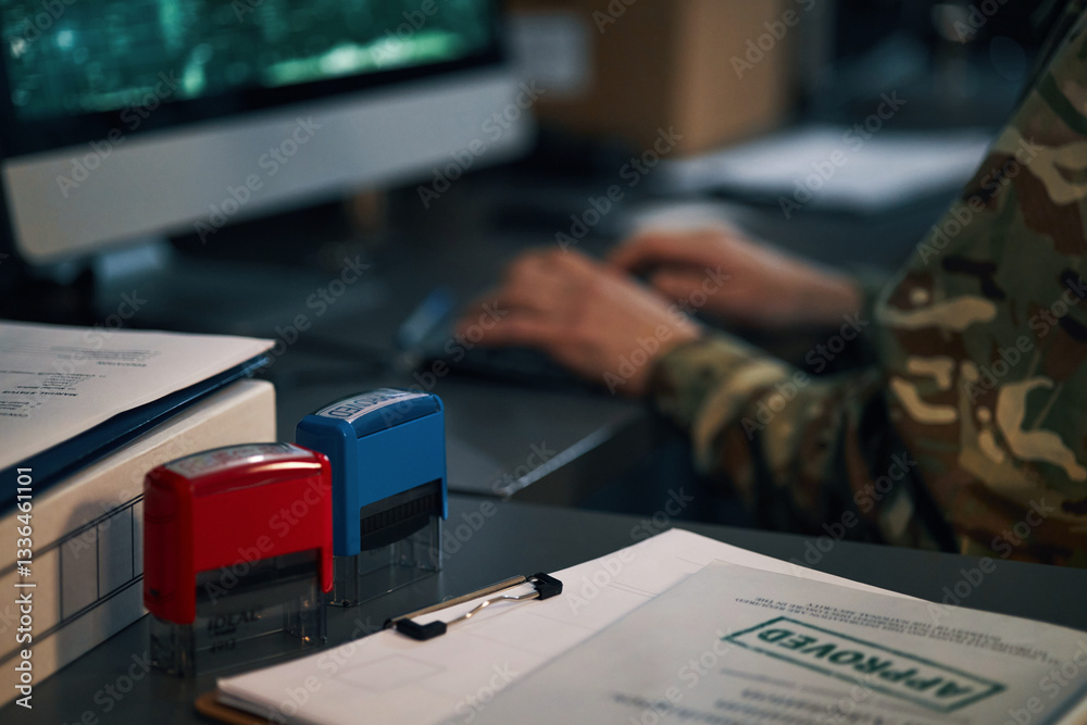 Person wearing military uniform working at desk with computer monitor ...