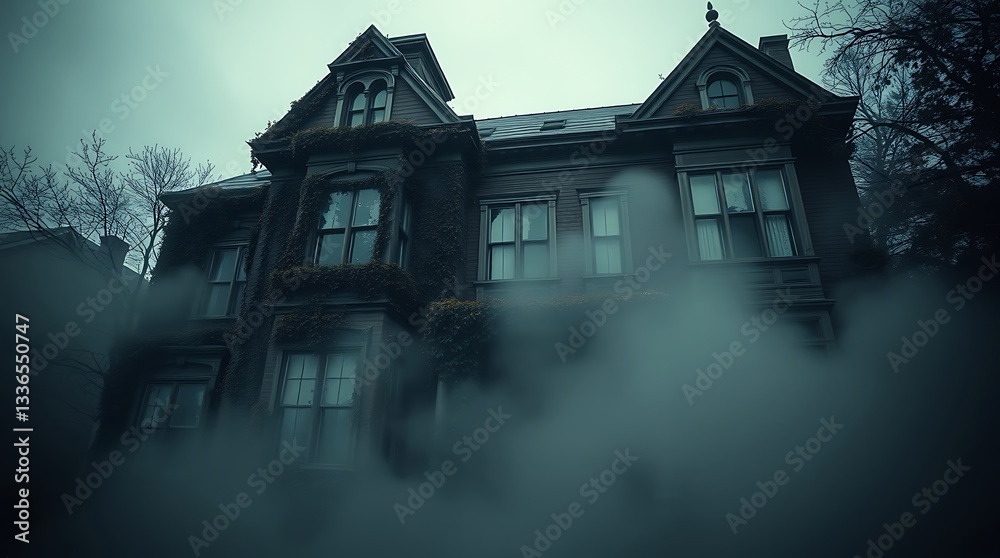 Spooky abandoned Victorian mansion, eerie fog, dark atmosphere, haunted ...